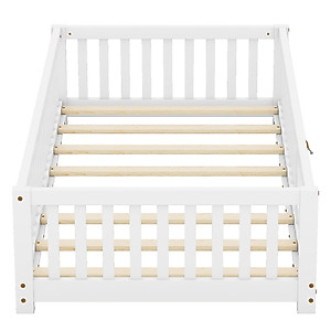 ACQCA Twin Size Floor Bed with Fence and Lockable Door, Wood Montessori Bed Frame with Slat Support for Kids,Boys,Girls,Easy Assembly, White