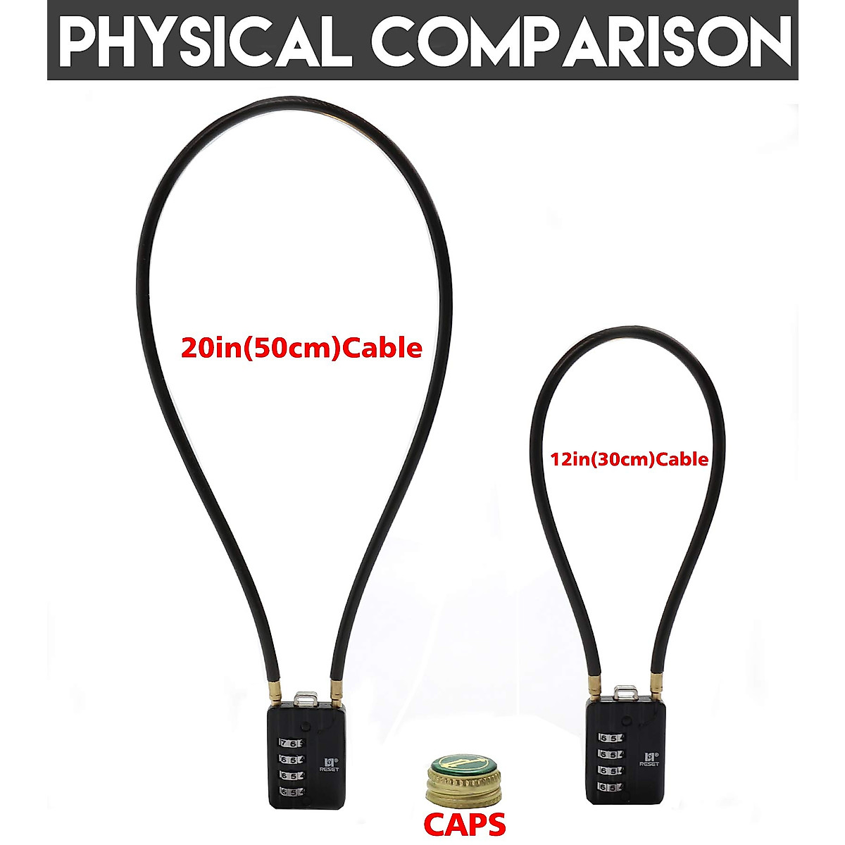 RESET-201 4 Digit Combination Padlock with 12 inch(30cm) Steel Cable,Cable Lock for Locker Luggage Suitcase Gun Case Toolbox Helmet,5mm Diameter,Black