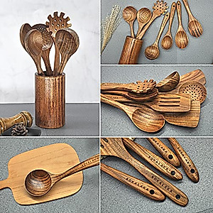 Wooden Spoons for Cooking,10 Pcs Natural Teak Wooden Kitchen Utensils Set Wooden Utensils for Cooking Wooden Cooking Utensils Wooden Spatulas for Cooking