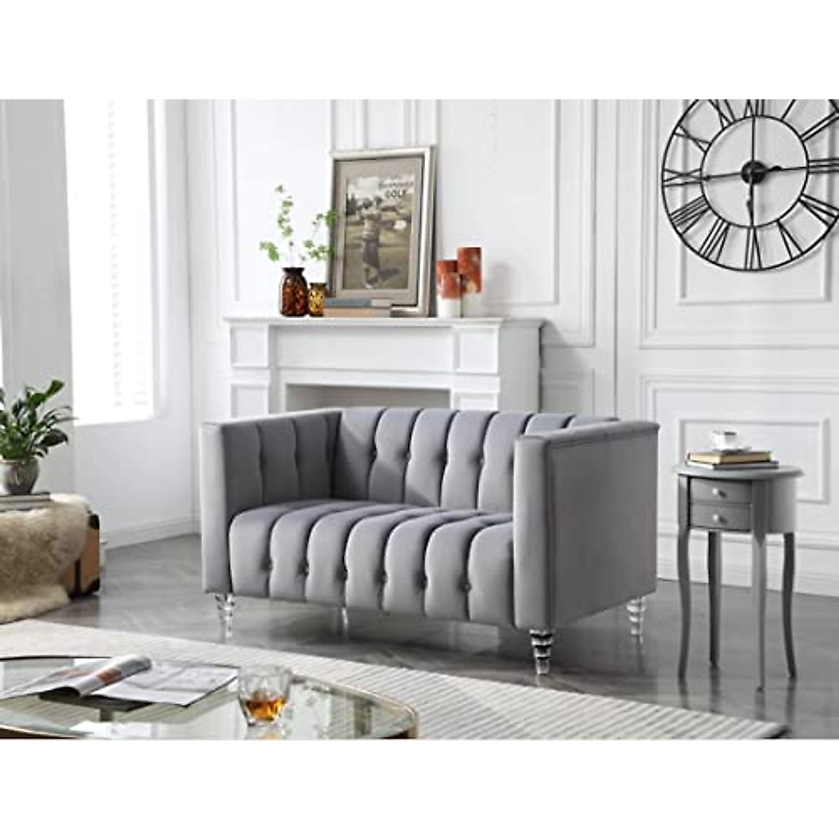 RORA&YANEAR Button Pull Sofa/Tufted Fabric Sofa/Transparent Acrylic Base Sofa(Grey)