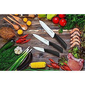 SENDAIST Set of 3 Sharp Ceramic Kitchen Knives With Anti-slip handle & sheath – 6” Chef Knife, 5” Utility Knife and 3'' Fruit Knife
