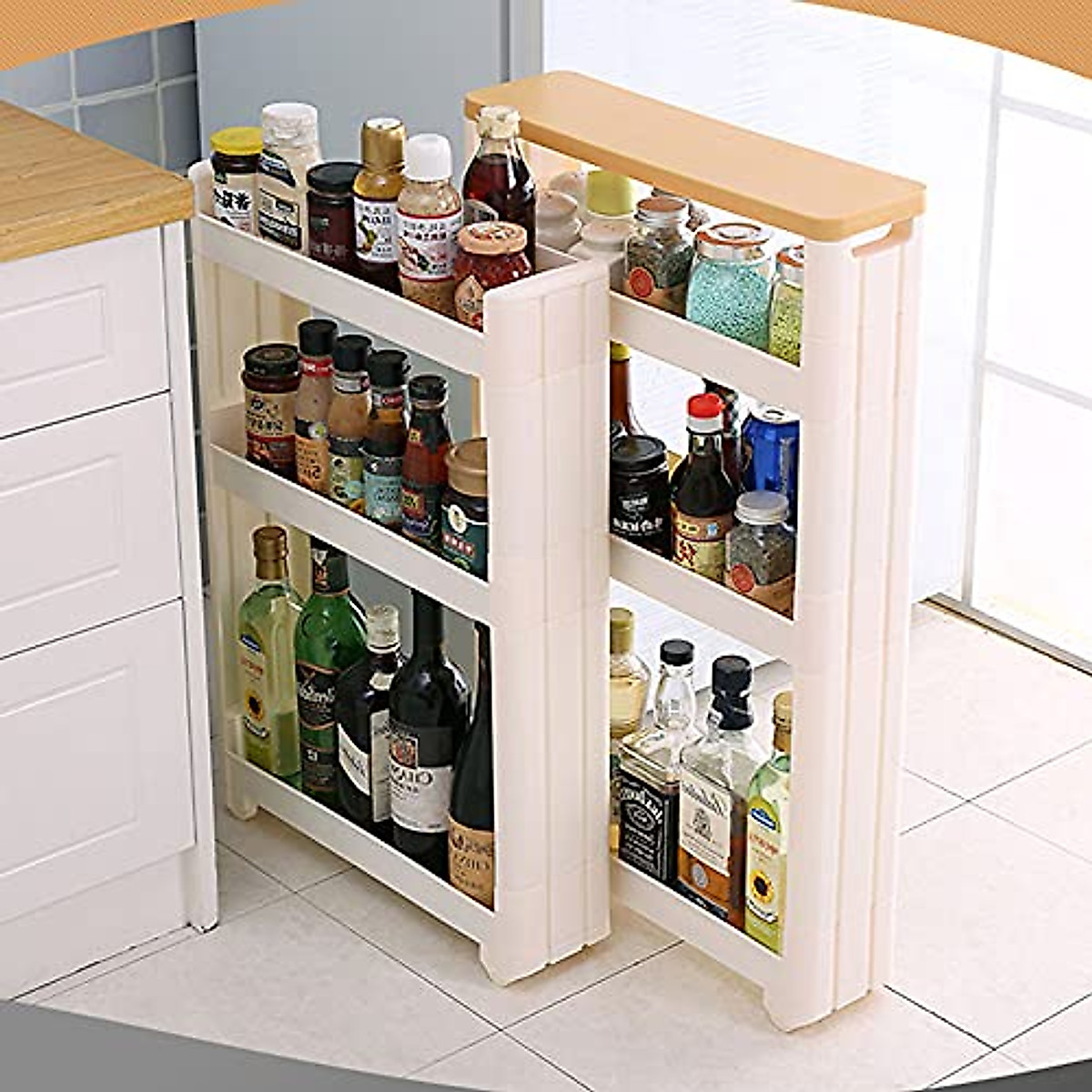 3 Tier Slim Storage Cart Narrow Storage Cart Slide Out Storage Tower Bathroom Organization and Storage Mobile Shelving Unit Organizer Pantry Storage Rack for Narrow Spaces