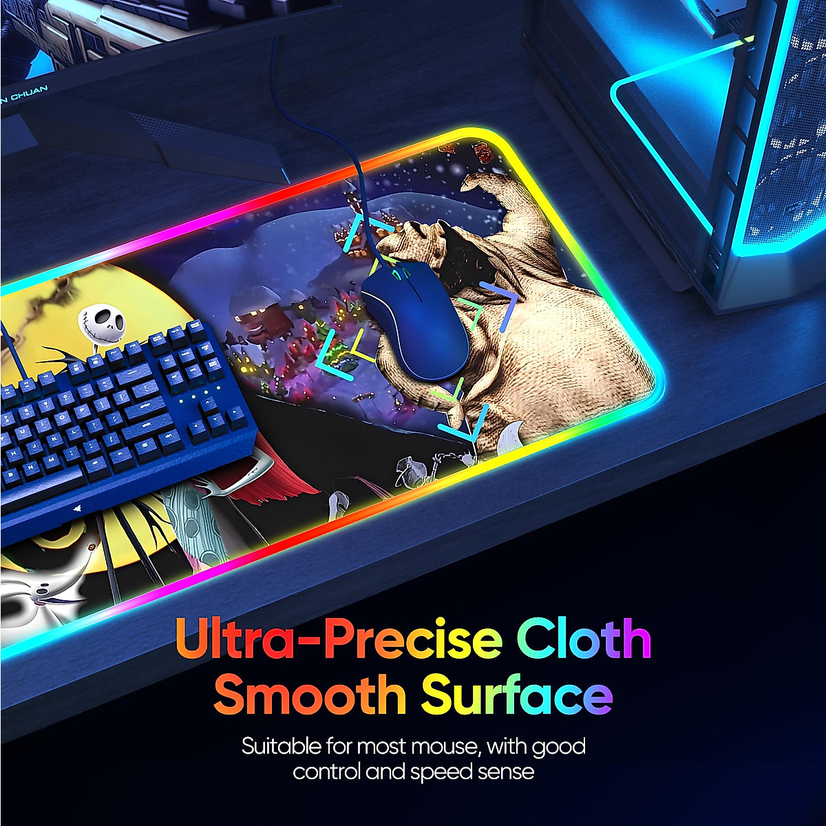 RGB Skull Mouse Pad,Nightmare Before Christmas Large Gaming Mousepad with 14 Lighting Modes,Non-Slip Computer Keyboard Desk Mat,31.5×11.8 inches (C)