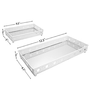 Tricune 2Pcs Perfume Tray - Bathroom Vanity Tray - Mirror Tray - Set of 2 Decorative Perfume for Dresser Jewelry Organizer Makeup Glass Tray 12.5 X 6.3 + 9.5 X 5 Inch Silver