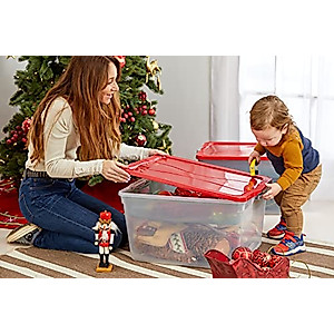 Rubbermaid Cleverstore Clear Holiday 71 Qt Bins with Tray Inserts, Built-In Handles to Maximize Storage, Great for Holiday Decor, Clear Base, Red Lid with Green Tray, Pack of 4