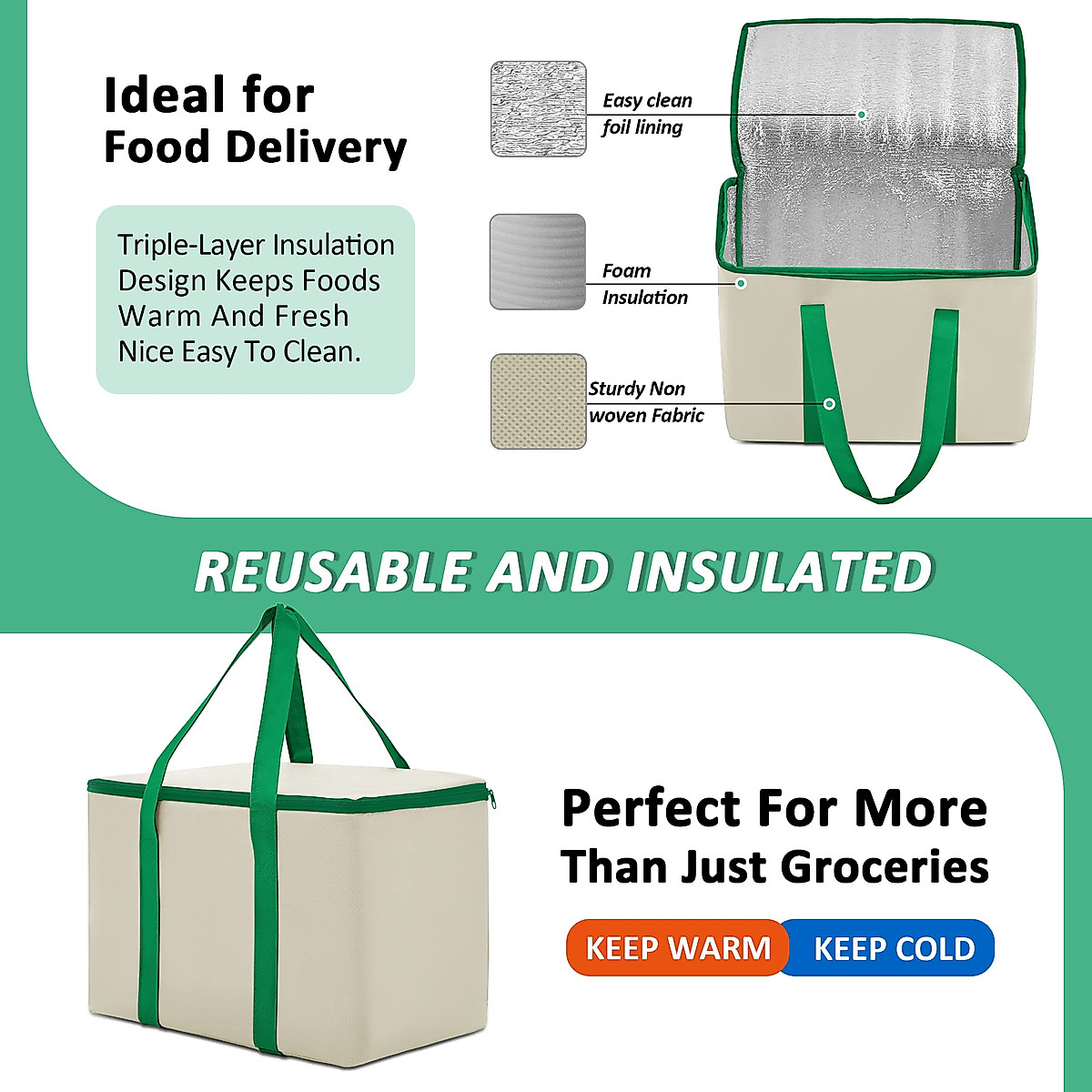 DAREKUKU 3 Pack Reusable Grocery Bags, Foldable Washable Insulated Shopping Bags For Groceries With Reinforced Bottom & Handles (2 Grocery Tote Bags + 1 Insulated Cooler Bag)