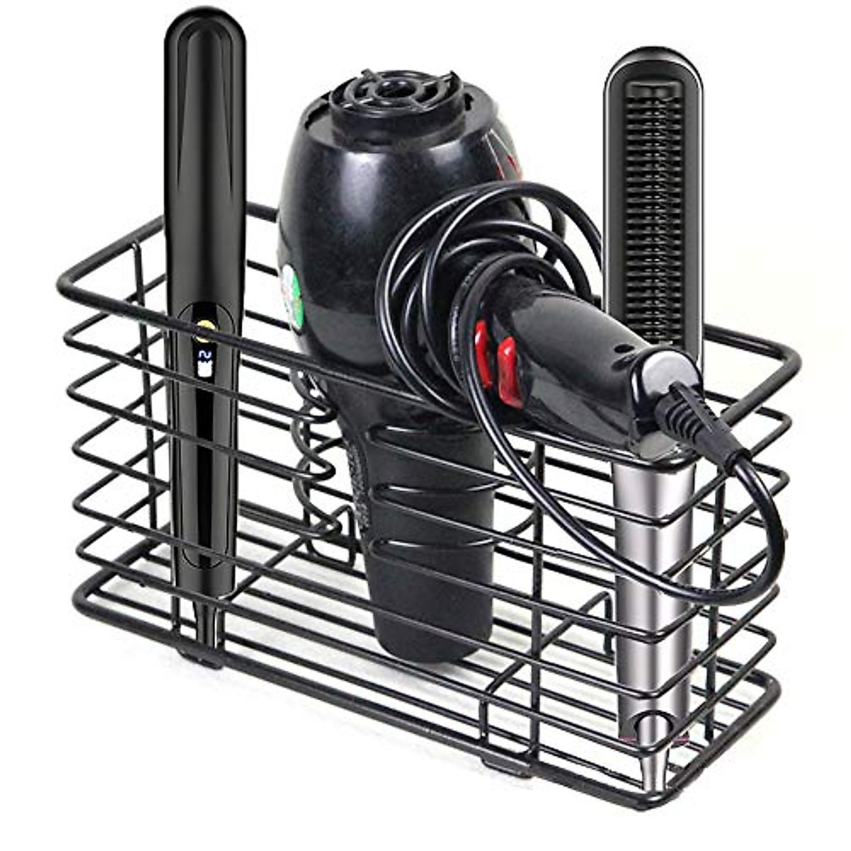 YCOCO Hair Dryer Holder,Hair Tool Organizer Wall Mount Metal Wire Bathroom Hair Care Styling Tool Organizer Storage Basket for Hair Dryer, Flat Irons, Curling Wands, Hair Straighteners,Black