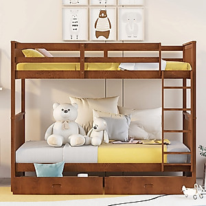 Harper & Bright Designs Twin Over Twin Bunk Beds with 2 Storage Drawers, Solid Wood Convertible Bunk Beds, Kids Twin Bunk Beds with Ladder, Safety Rail for Girls Boys Teens Adults,Walnut