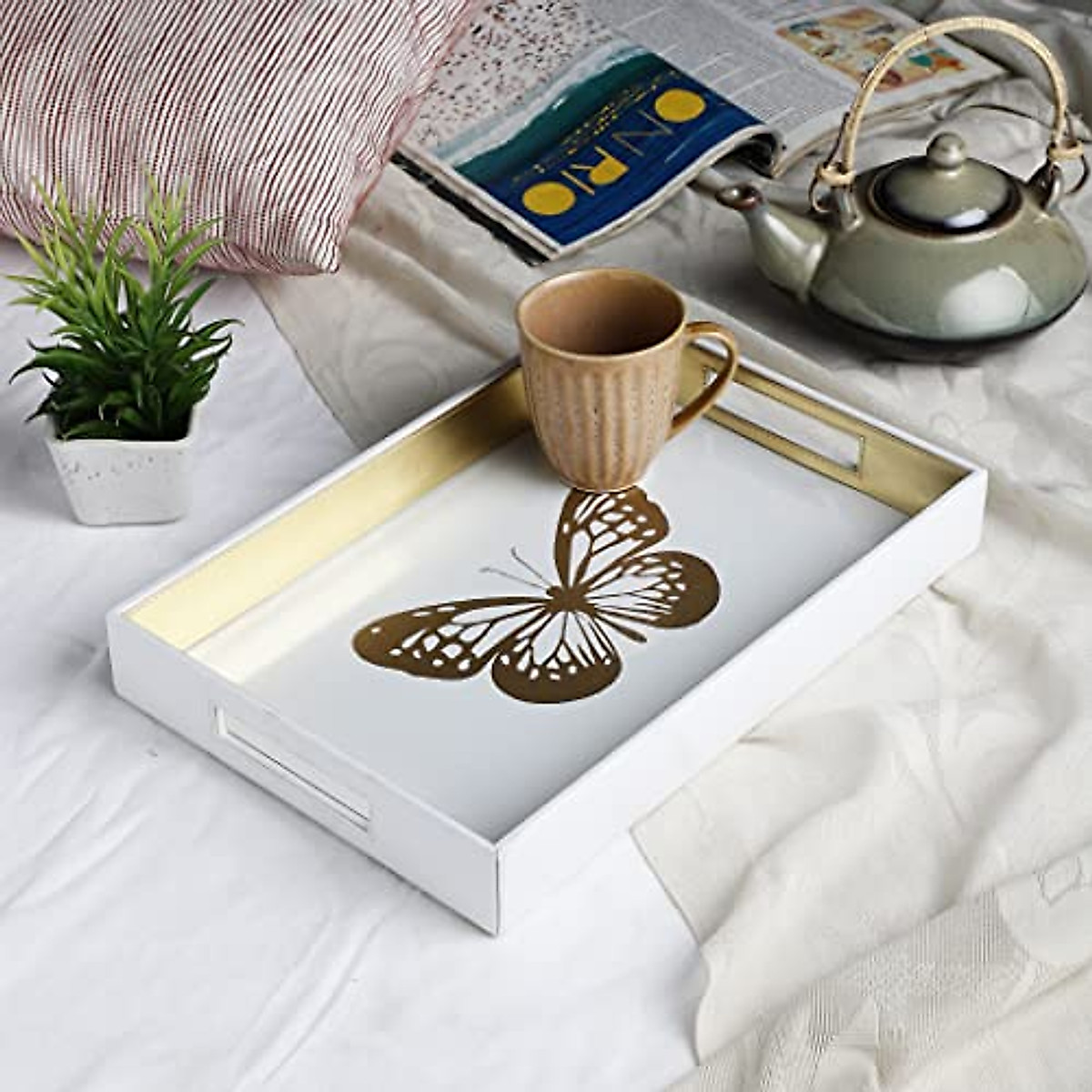 Zvasti Faux Leather Butterfly Printed Tray. White Faux Leather Trays for Coffee Table. Rectangle Tray with Handles