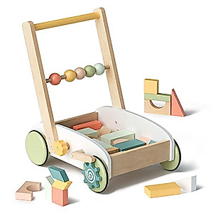 ROBOTIME Wooden Baby Push Walker Toy with Blocks,Baby Learning Walker Toddler Push Toys for 1 2 3 Yr Old, Toddler Activity Walker for Small Girls Boys 10 Month +