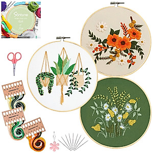 Santune 3 Sets Embroidery Starter Kit with Pattern and Instructions, Cross Stitch Set, Stamped Embroidery Kits with 3 Embroidery Clothes with Pattern, 1 Embroidery Hoops