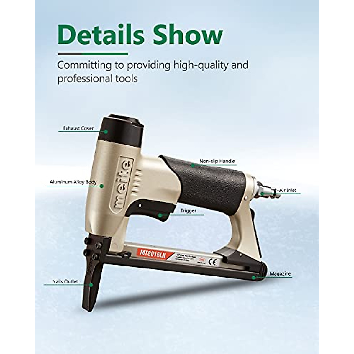 meite MT8016LN Pneumatic Upholstery Stapler 21 Gauge 80 Series 1/2-Inch Crown 1/4" to 5/8" Length Air Fine Wire Stapler Gun with Long Nose