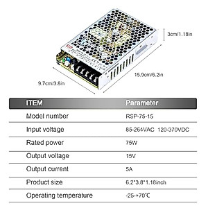 TorqCali RSP-75-15 75W Single Output PFC Function Power Supply 15V Constant Voltage for Industrial Control, Automation Equipment, and Instrumentation