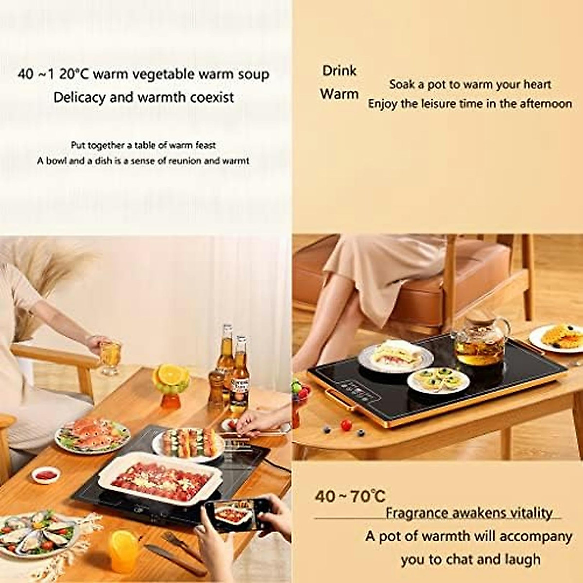 Electric Food Warmer Plate, Electric Warming Tray Multifunctional Hotplates Keep Food Warm for Buffets Home Dinners with Touch and Spin Adjustable Temperature Control Warming Serving Tray Food