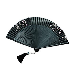 Decoration Folding Fan Folding Hand Held Fan for Women Sakura Chinese/Japanese Vintage Retro Style Portable Bamboo Silk Folding Fan Black Fans Gift Elegant Hand Fan Vintage style ( Color : Black C )