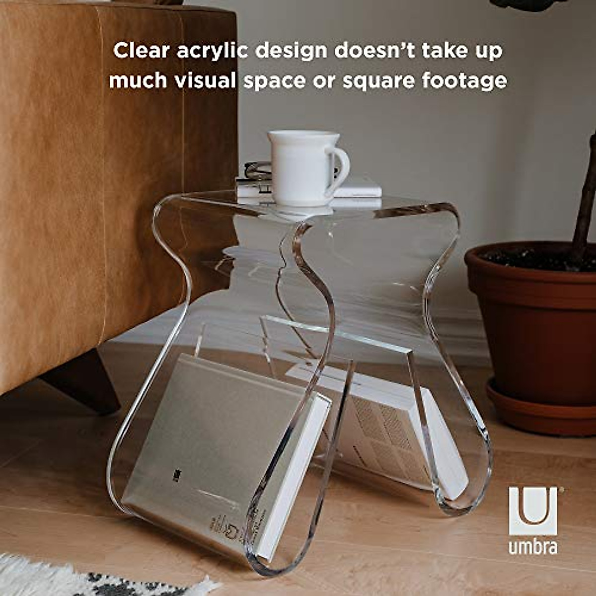 Umbra Magino, Acrylic Side Table, End Table, Stool with Storage, Modern Magazine Rack, Clear,21.725" x 20.9" x 15.125"