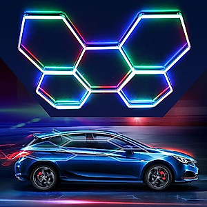 lylunnamsp Hexagon Garage Lights Ceiling LED, Honeycomb Lights, RGB Hexagon Garage Light with Remote, 6500K, Aluminum Hexagonal Shop Lights for Gaming Room Bar Party Live Room,Multi Colored,5 HEX