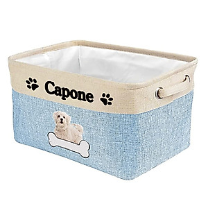 MALIHONG Personalized Dog Cute Maltese Poodle Bone Decorative Storage Basket Fabric Toy Box with 2 Handles for Organizing Closet Garage Clothes Blankets Blue and White