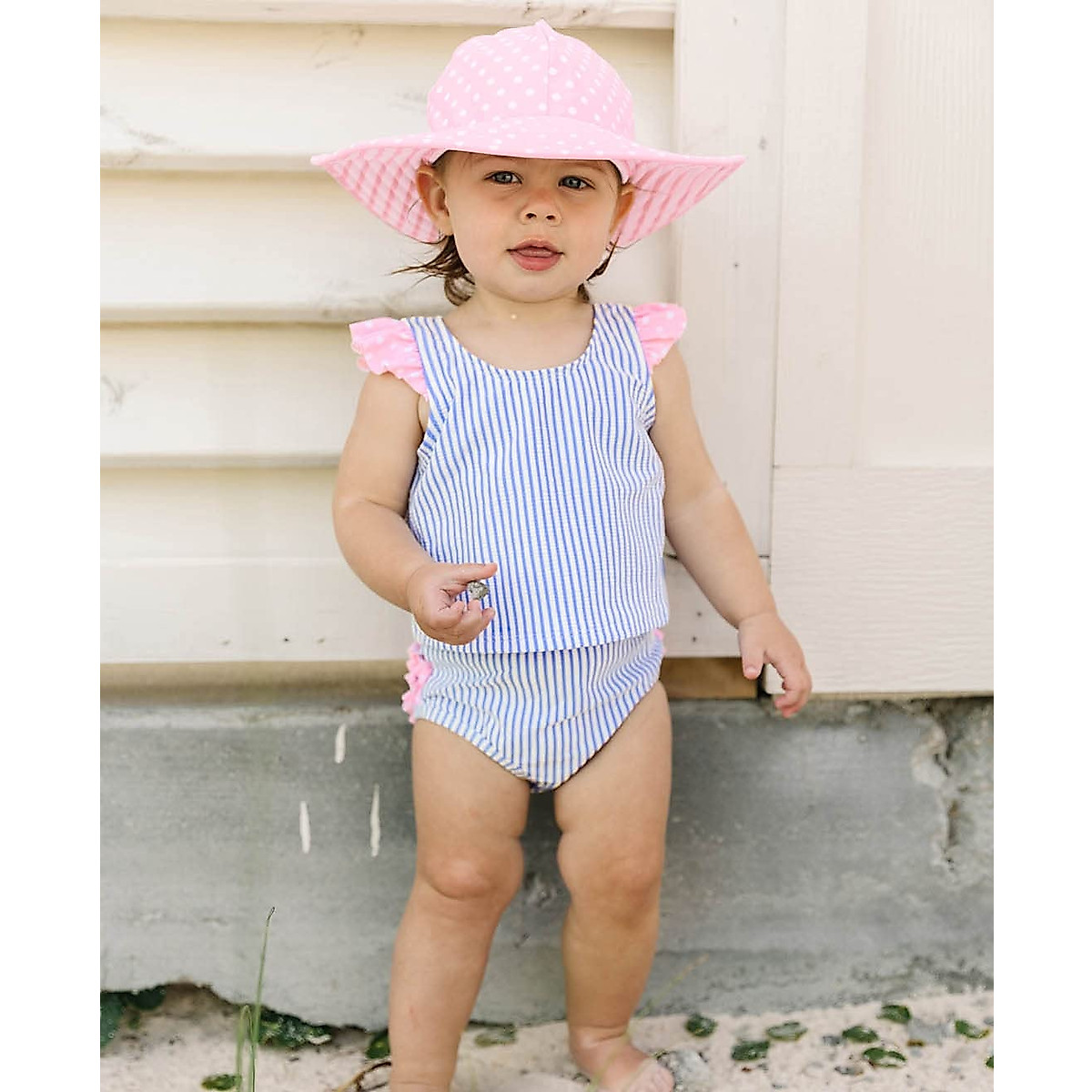 RuffleButts® Baby/Toddler Girls Pink Polka Dot and Pink Stripe Reversible Swim Hat - 0-12m