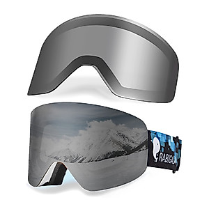 RABIGALA Ski Goggles with Detachable Lens, Frameless Magnetic Interchangeable Lens Anti-Fog 100% UV Protection Snowboard Snow Goggles (silver/silver)