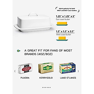 Sweese Large Butter Dish with Lid for Countertop, Porcelain 8oz Butter Keeper with Handle Cover Design, 7.7 Inch Butter Container Perfect for East/West Coast Butter, White