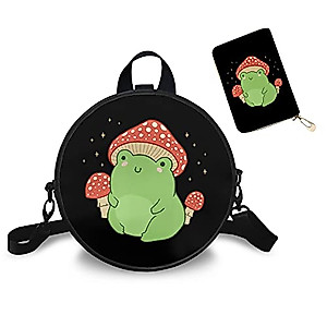 Boatee Frog with Mushroom Round Shoulder Tote Bags with Small Zip Card Holder Bag, Women's Crossbody Shoulder Handbags and Mini Leather Zip Card Coin Wallet