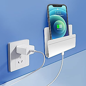 2pcs Adhesive Wall Mount Phone Holder Mobile Phone Charger Socket Pocket Multi-Purpose Phone Charging Dock Damage Free Storage Box Perfect for iPhone Smartphone Mini Table Remote Control (White)