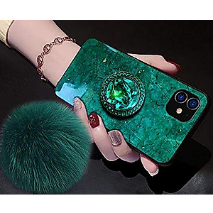 Aulzaju for Samsung S21 Ultra Case Bling Diamond Sparkle Marble Bumper Cover with Ring Kickstand Cute Glitter Rhinestone Fluffy Ball Wrist Strap Girl Woman Phone Case for Galaxy S21 Ultra (Green)