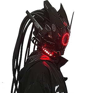 KYEDAY Punk Mask for Men, Futuristic Techwear, Round Light with Braids Mask Cosplay Halloween Fit Party Music Festival Accessories… (Red)