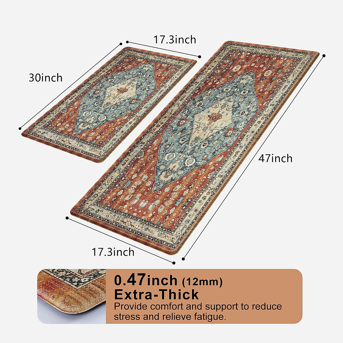 Collive Boho Kitchen Mat 2PCS Cushioned Kitchen Mats for Floor, Anti-Fatigue Mat Waterproof Kitchen Rug Set of 2 Non-Skid Comfort Standing Mat for Kitchen, Office, Sink, Laundry, 17"x30"+17"x47"