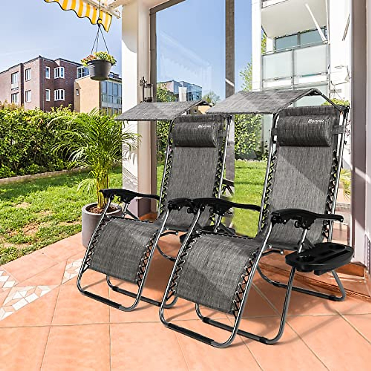 Bonnlo Zero Gravity Chair with Canopy Shade Patio Sunshade Lounge Chair, Folding Chair with Canopy Reclining Canopy Chairs with Cup Holder and Headrest for Beach Garden (Grey)