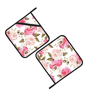 Floral Flower Rose Pink Print Pot Holders Sets,Kitchen Oven Glove High Heat Resistant 500 Degree Oven Mitts and Pot Holder,Surface Safe for Baking, Cooking, BBQ,Pack of 2
