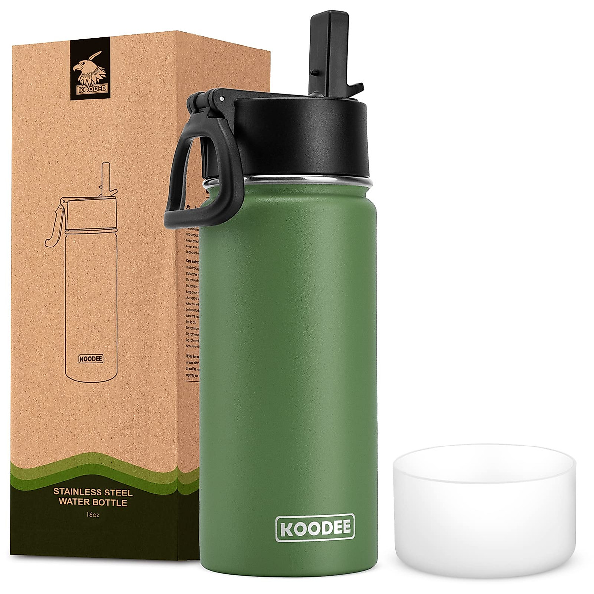 koodee Water Bottle-16 oz Stainless Steel Double Wall Vacuum Insulated Sports Water Bottle with Straw for Girls and Boy (Grass Green)