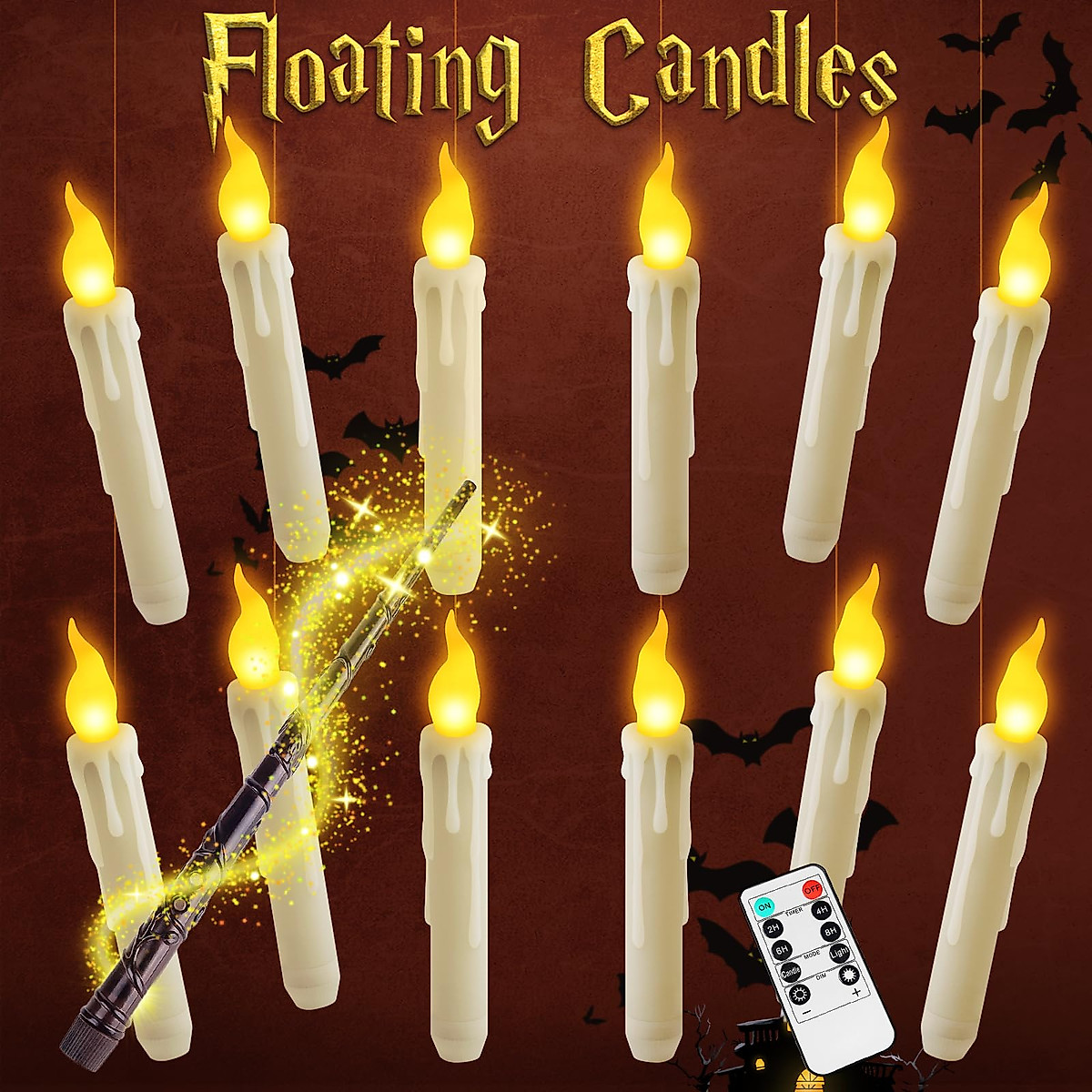 Qmioti Floating Candles with Wand Timer Remote Control - 12 Pack Flickering Warm Light LED Candle, Halloween Decorations for Indoor Outdoor Home Room, Party, Birthday, Wedding (White)