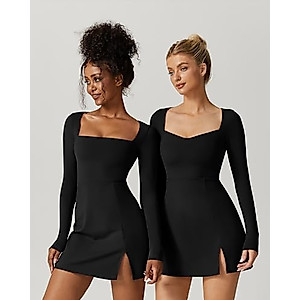 QINSEN Long Sleeve Dress for Women Sexy Sweetheart High Waist Flare Mini Dress Clubwear Black M