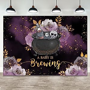 Wollmix Halloween A Baby is Brewing Baby Shower Decorations Backdrop Witch Drink Up Magic Kids Purple Floral Gold Dots Photography Background Party Supplies Banner Photo Studio Booth Props 7x5ft