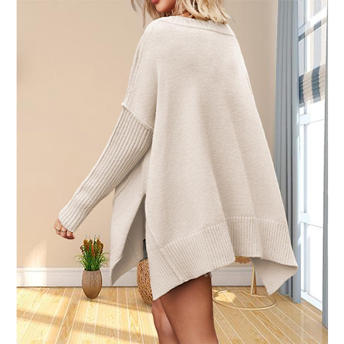 SAFRISIOR Women V Neck Oversized Sweater Tops Loose Long Sleeve Side Slit Drop Shoulder Ribbed Knit Pullover Casual Fall White