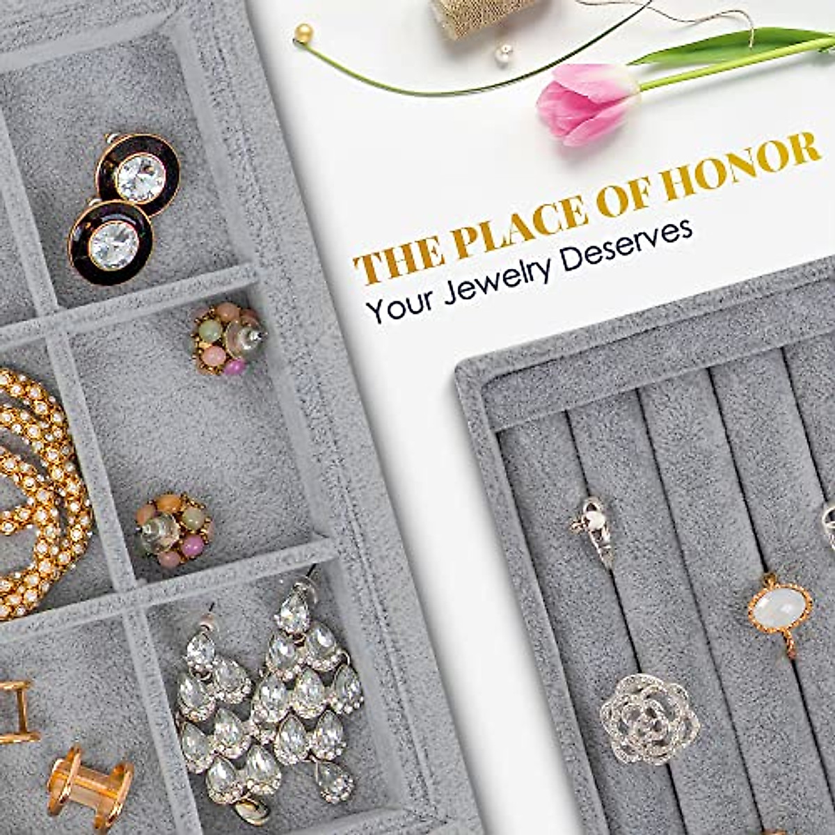 Houseables Jewelry Tray Organizer, Stackable Accessories, Storage, 13.8"x 9.5", Grey, 4 Pcs, Earring Box, Adjustable Drawer Insert, Velvet Ring Holder, Bracelet & Necklace Display, Cufflink Case