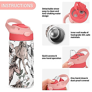 GOODOLD Flowers and Horses Kids Water Bottle, Insulated Stainless Steel Water Bottles with Straw Lid, 12 oz BPA-Free Leakproof Duck Mouth Thermos for Boys Girls