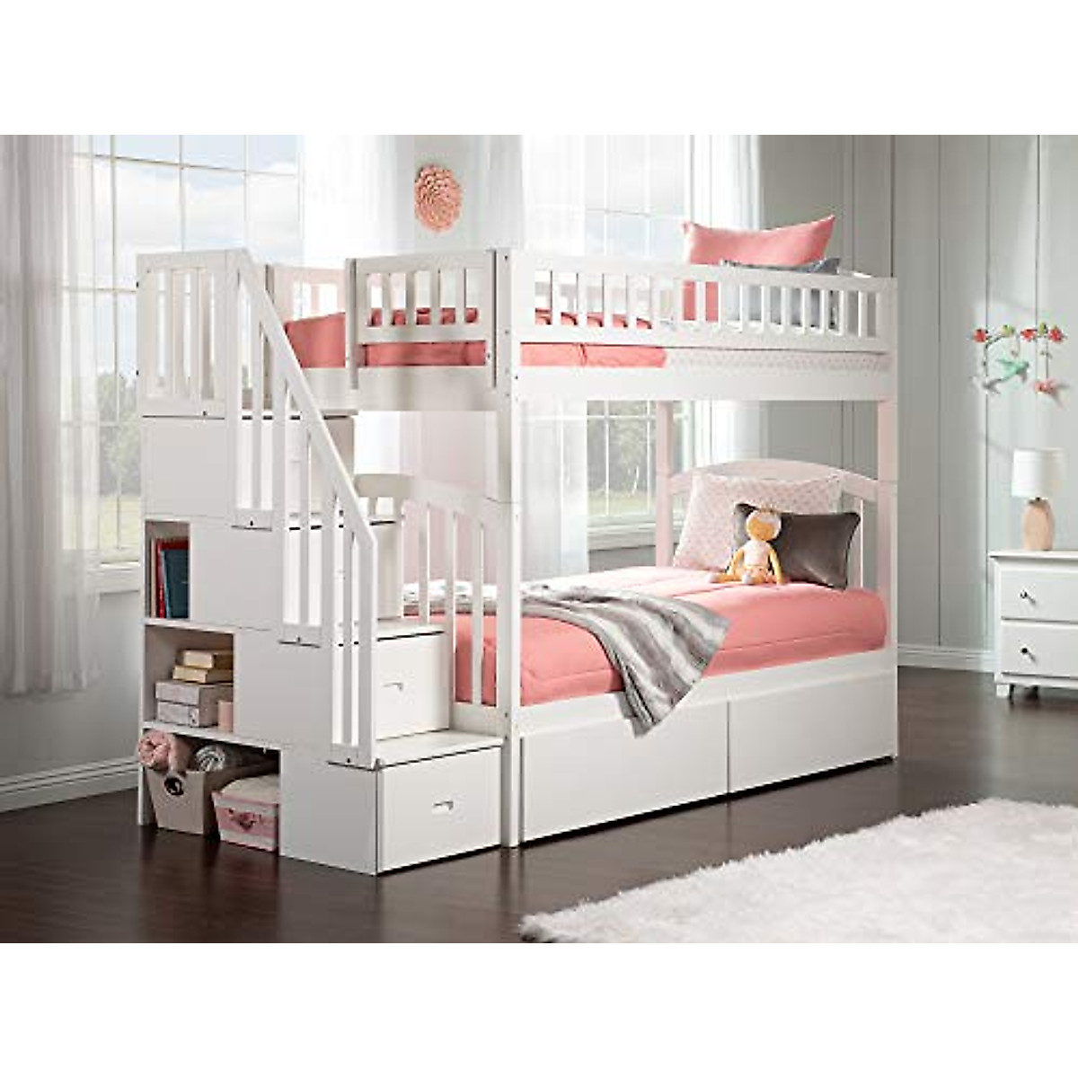 AFI Westbrook Staircase Bunk Twin Over Twin with Turbo Charger and Urban Bed Drawers in White