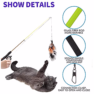 Whefory Retractable Cat Teaser Wand Toy, Cat Toys for Indoor Outdoor Cats Interactive Fishing Rod with 8 Pcs Refills Feather Toy, Plush Mouse Caterpillar & Fish