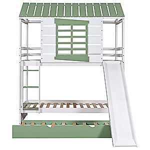 DEYOBED Twin Over Twin House Bunk Bed with Slide for Kids, Wooden Bunk Beds with Trundle for Girls Boys, Slide Playhouse Bed, White+Green