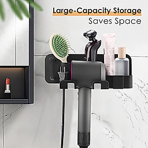 Hair Dryer Holder Wall Mounted - Bathroom Hair Tools Organizer with Hooks and Cup for Blow Dryer and Hair Straighteners - Bath Supplies Tray Stand Makeup Toiletries Storage Bracket for Space Saving