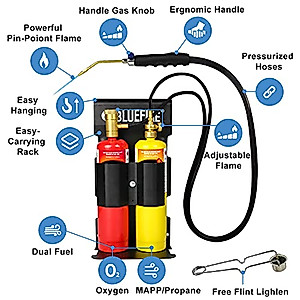BLUEFIRE Oxypropane High Heat Welding Torch kit Free Accessory of Flint Lighter and Cylinder Holder Rack Duel Fuel by Oxygen and MAPP MAP PRO and Propane Brazing Soldering Gas Cylinders Not Included