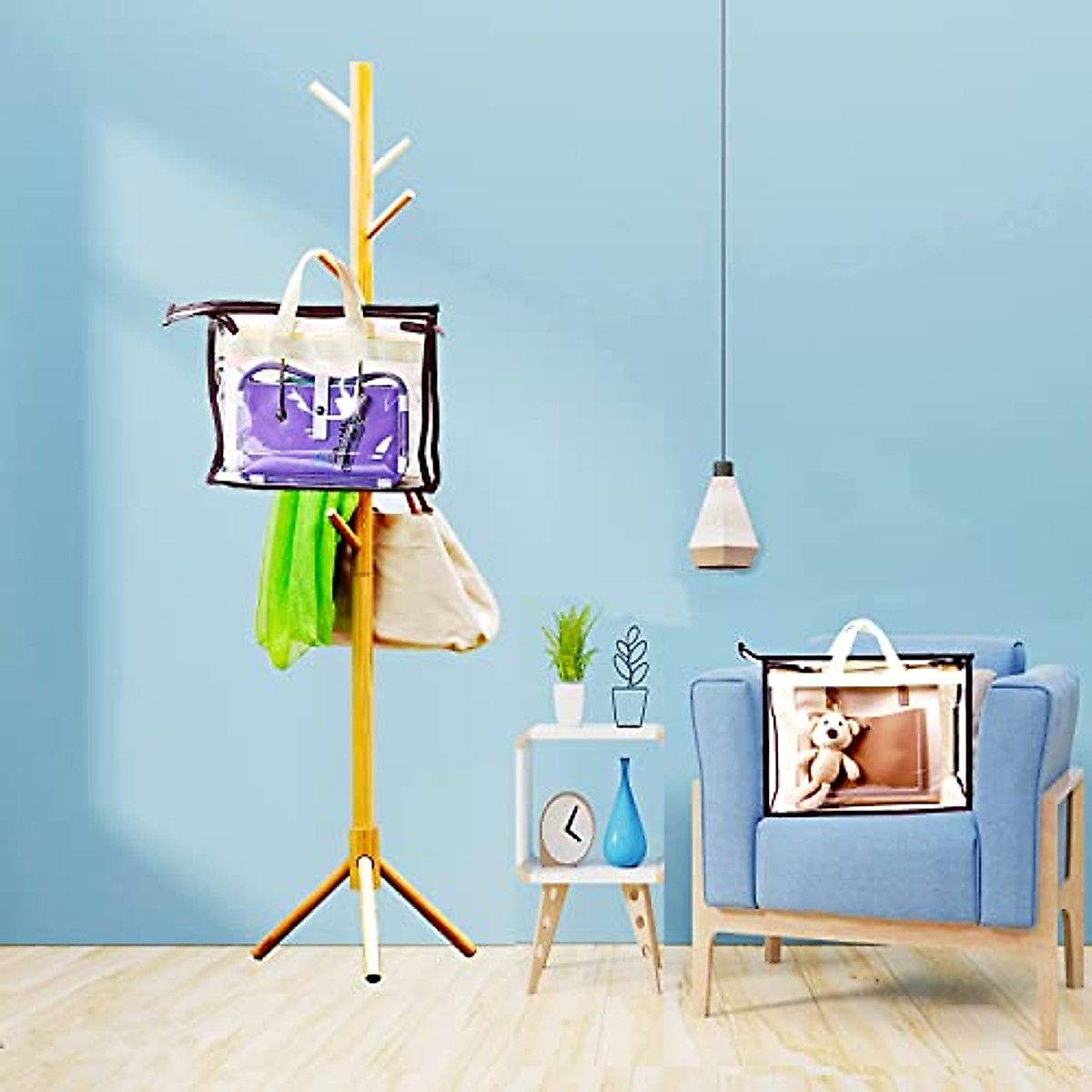 8 Pack Dust Bags for Handbags, Clear Handbag Storage, Purse Storage Organizer for Closet, Purse Cover Hanging Closet Organizer with Zipper, Handles and Purse Hook, Beige