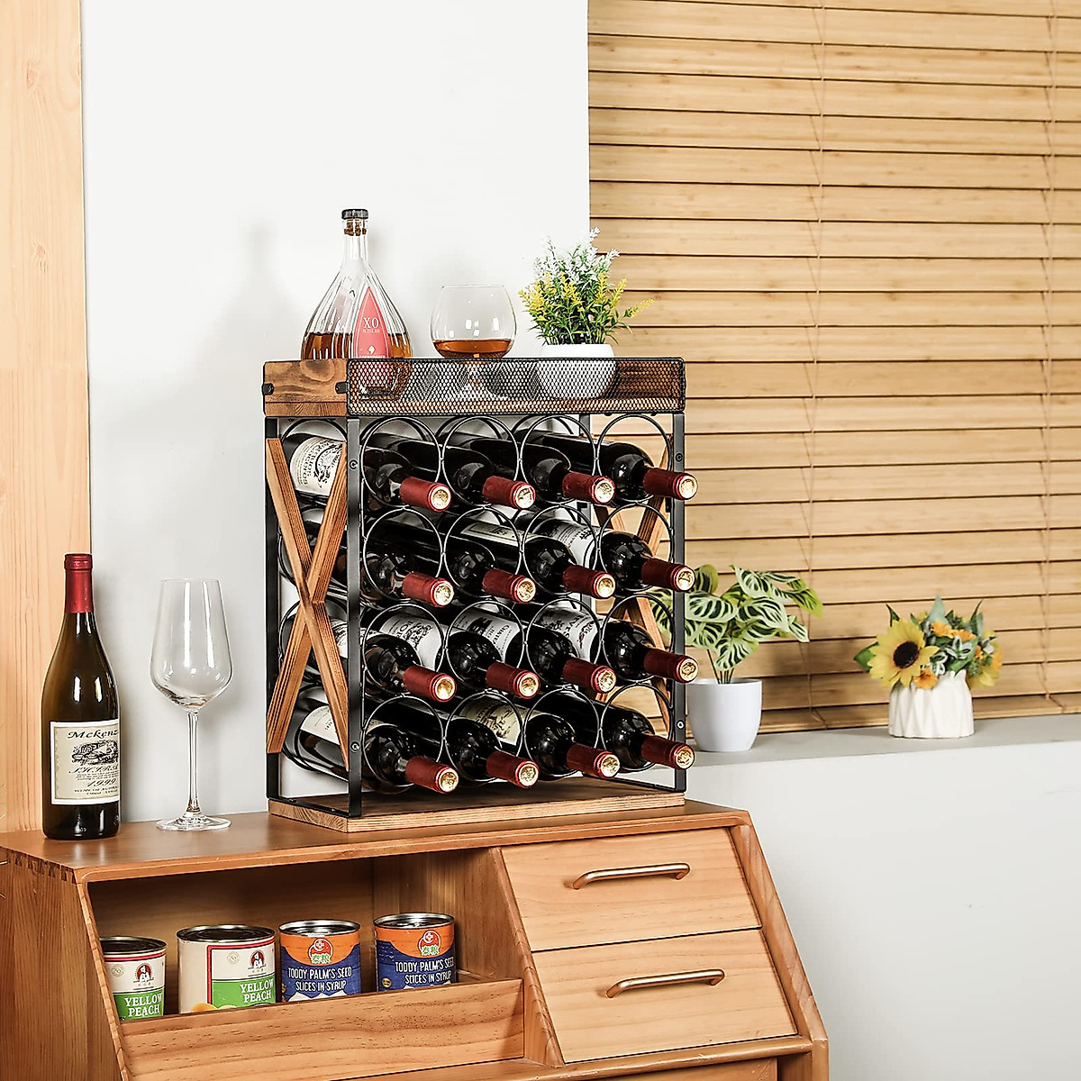 ThreeHio Wood Countertop Wine Rack, 16 Bottle Wine Bottle Holders Stands Wine Storage Racks with Tray, 4 Tiers Table top Wine Racks for Kitchen Counter Tops, Pantry