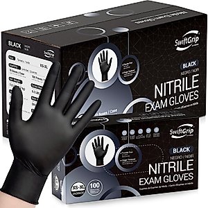 SwiftGrip Disposable Nitrile Exam Gloves, Black Nitrile Gloves Disposable Latex Free for Medical, Cooking & Esthetician, Food-Safe Rubber Gloves, Powder Free, Non-Sterile, 1000ct Case (X-Small)