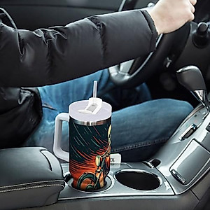 Jihqo Retro Skeleton Motorcycle 40 oz Stainless Steel Vacuum Insulated Tumbler with Handle and Straw Lid, Leakproof Water Bottle Double Wall Travel Mug Coffee Cup, Cupholder Friendly