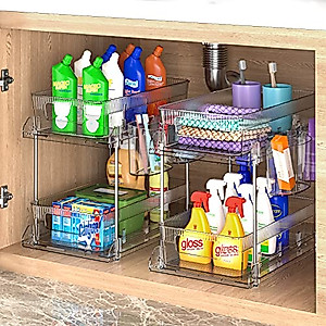2 Tier Bathroom Organizer with Dividers,1 Set Clear Under Sink Organizers Storage Slide Out Bathroom Vanity Counter Storage Container with 4 Cups for Kitchen Pantry Cabinet Closet, Medicine Organizer