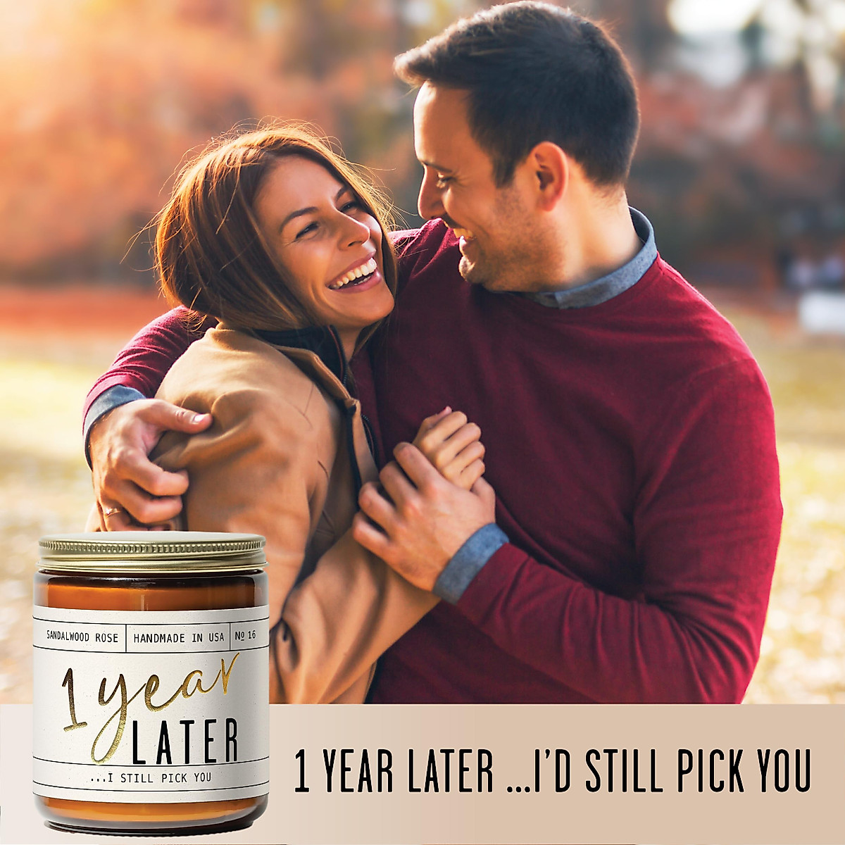 1 Year Anniversary Gifts for Girlfriend or Wife - '1 Year Later' Candle, w/Sandalwood Rose - infused w/Essential Oils I 1st Anniversary Gift I One Year Anniversary Gifts for Her I 50Hr Burn, USA Made